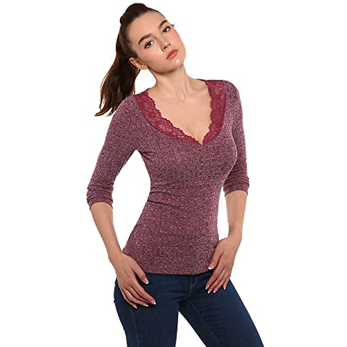 AmélieBoutik Women Lace Trim V Neck Faux Wrap Empire Waist Ribbed Long Sleeve Knit Top (Burgundy Large)