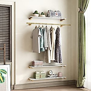HOMEKAYT Gold Clothing Rack Wall Mounted Garment Rack with Wooden Shelves Set of 3 for Office Bedroom Living Room-GOLD