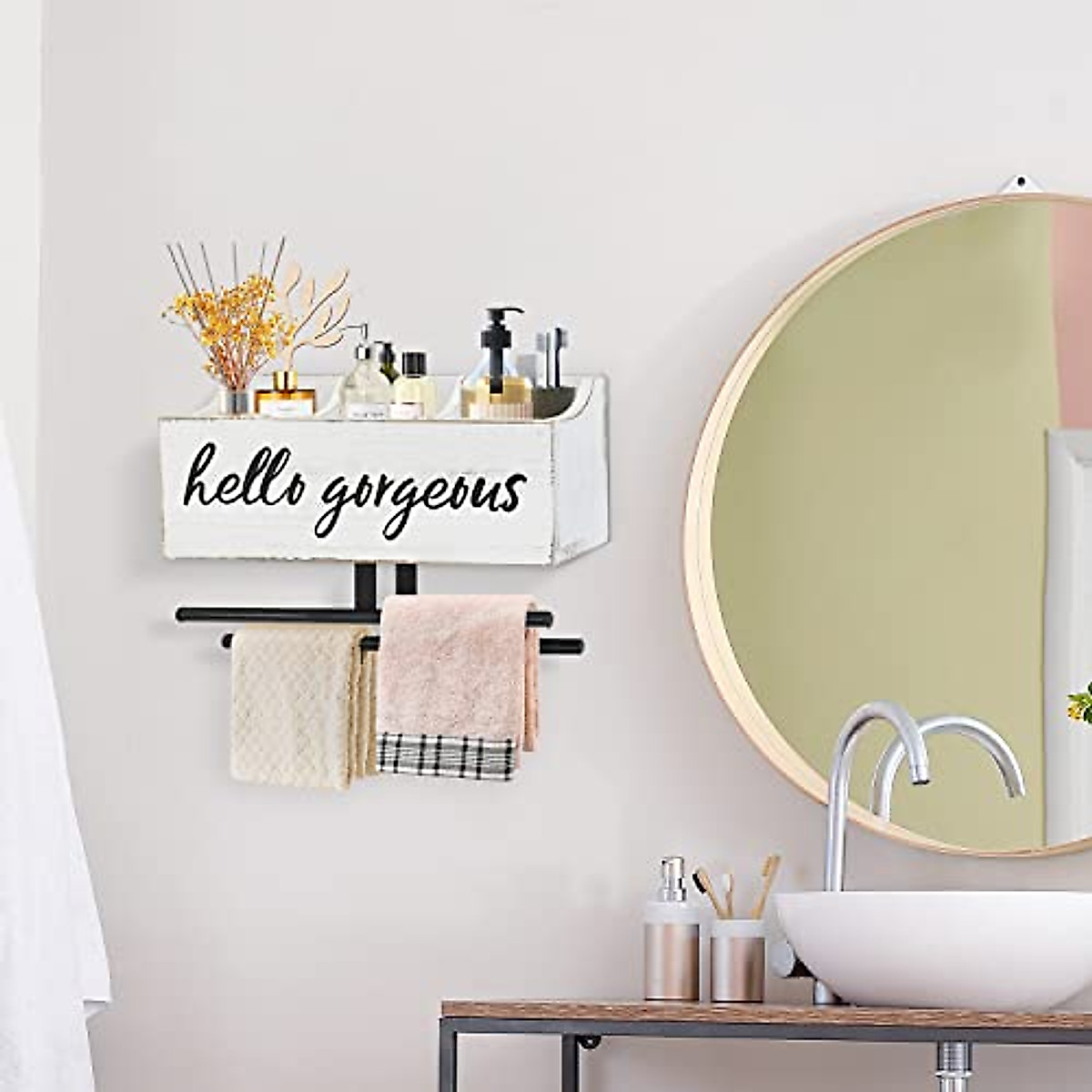 Farmhouse Bathroom Cup Holder,Hair Dryer Holder Wall Mounted, Hair Tools and Styling Organizer with Towel Bar,