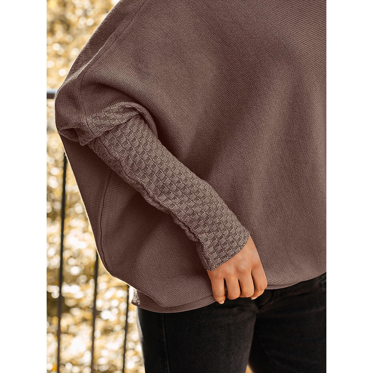 LILLUSORY Womens Batwing Oversized Sweaters Assymetrical Off The Shoulder Boat Neck Wrap Tunic Tops Fall Fashion Cloth Outfit Nutmeg Large