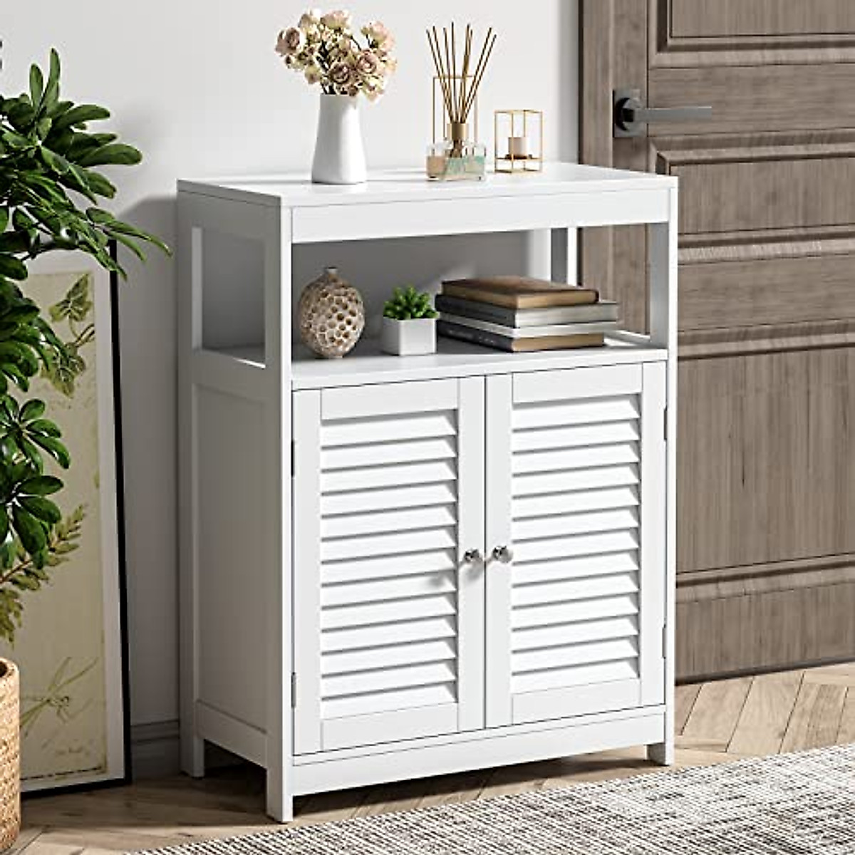 Tangkula Bathroom Storage Floor Cabinet, Free Standing Storage Cabinet with Double Shutter Doors and 3-Position Adjustable Shelves, Wooden Storage Cabinet Organizer for Bathroom, Living Room (White)