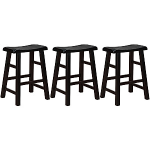 eHemco Heavy-Duty Solid Wood Saddle Seat Kitchen Counter Height Barstools, 24 Inches, Black, Set of 3