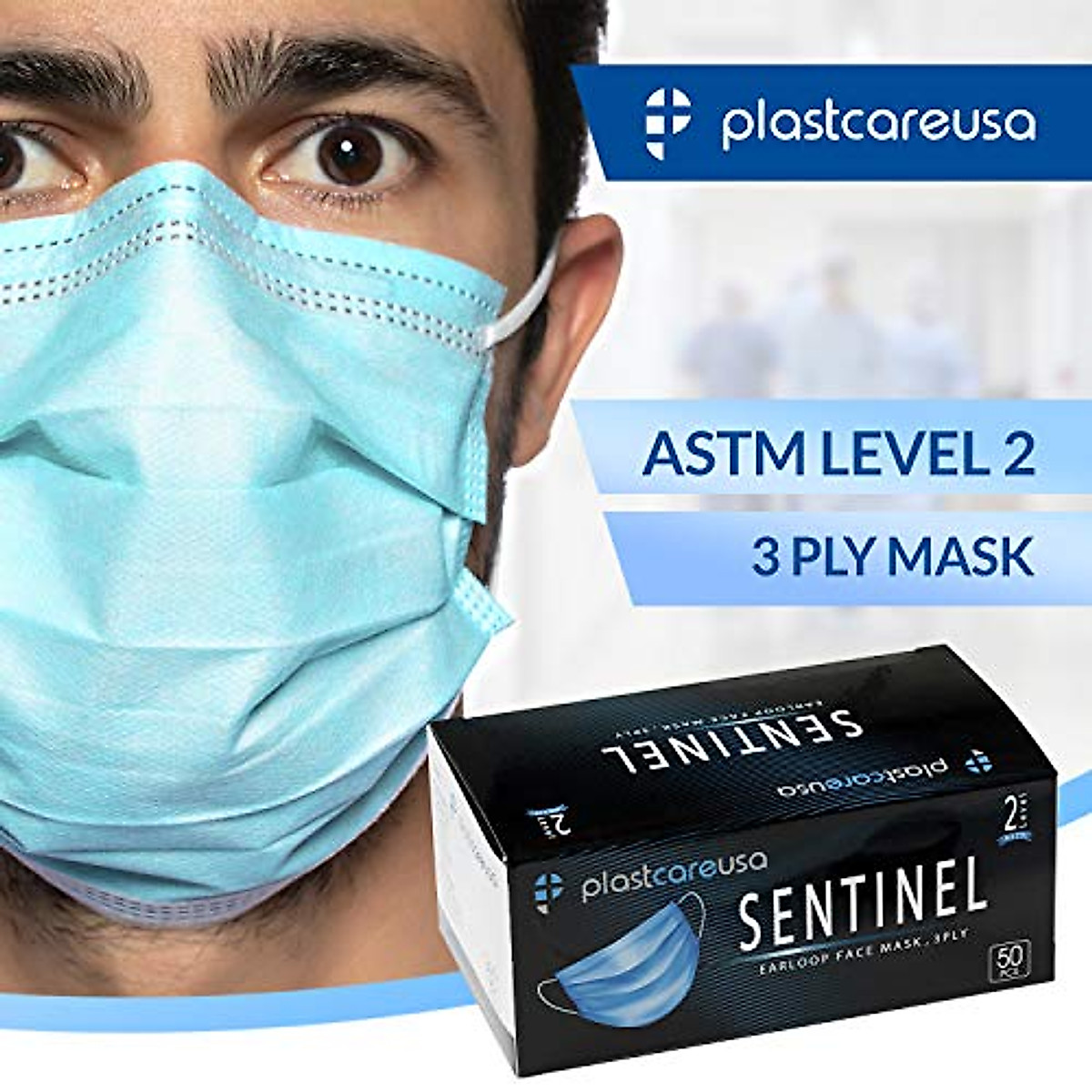 ASTM Level 2 Blue 3-Ply Earloop Face Masks by PlastCare USA (Box of 50)