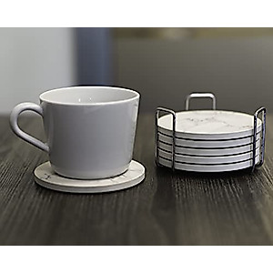 COTIDIANO Round Absorbent Coasters for Drinks - 6pcs Ceramic Coaster Set with Holder - White Marble Coaster Design with Non Slip Cork Base