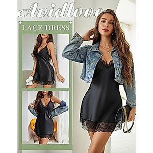 Avidlove Women's Slips Lingerie Nightgown Satin Lace Chemise Sexy Sleepwear S-4XL (Medium, Black)