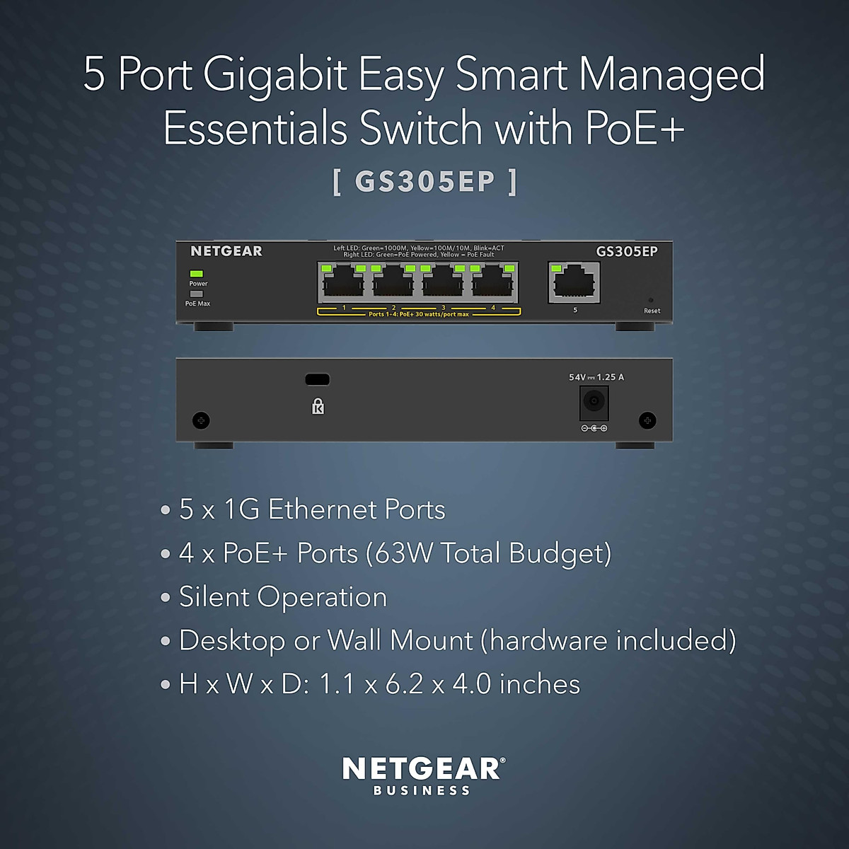 NETGEAR 5 Port PoE Gigabit Ethernet Easy Smart Managed Essentials Switch (GS305EP) - with 4 x PoE+ @ 63W, Desktop or Wall Mount