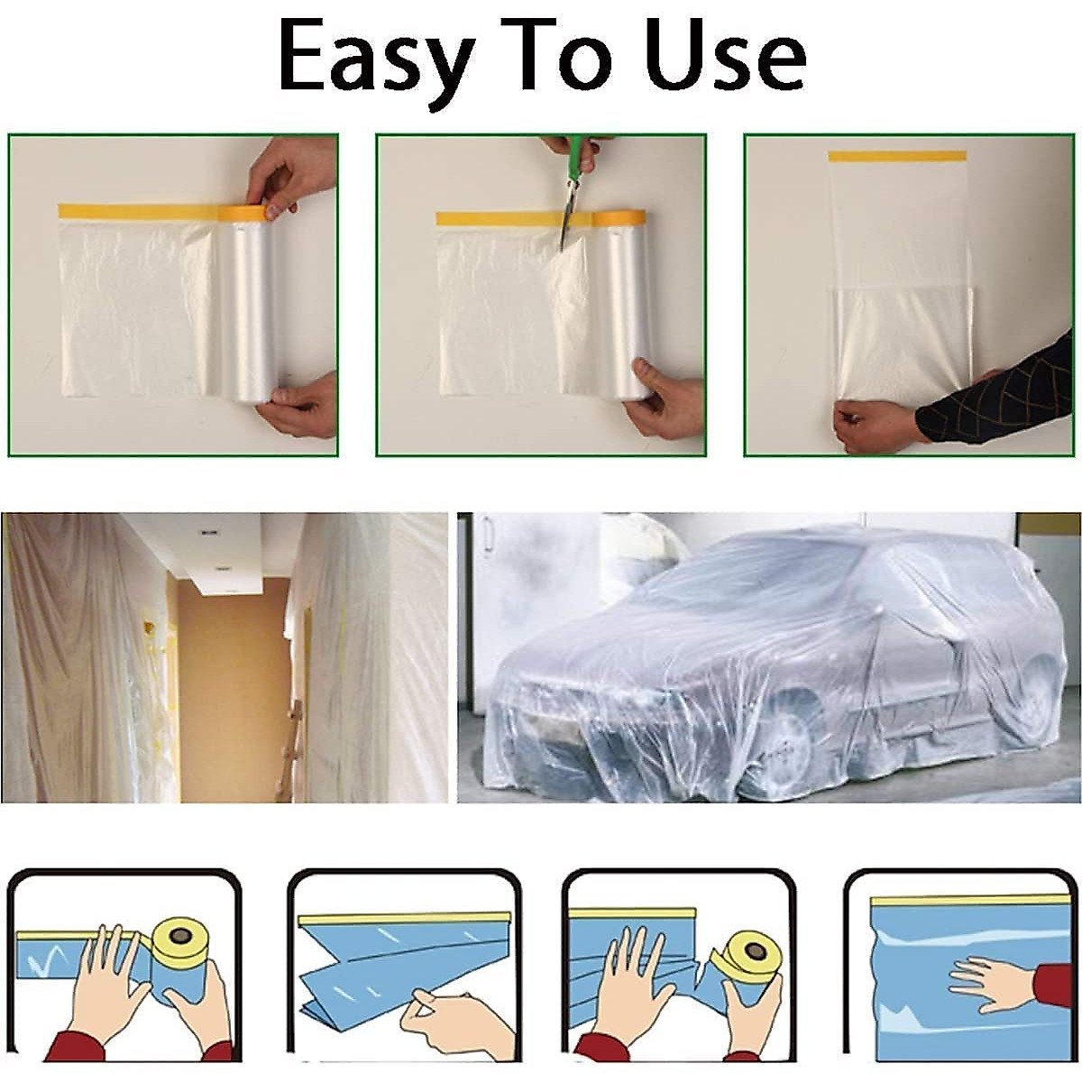 uyoyous 6 Rolls Plastic Painting Film, 9 x 67 ft Pre Taped Masking Paper, Plastic Masking Film, Tape and Drape Painters Paper Rolls for Automotive Furniture Painting Covering