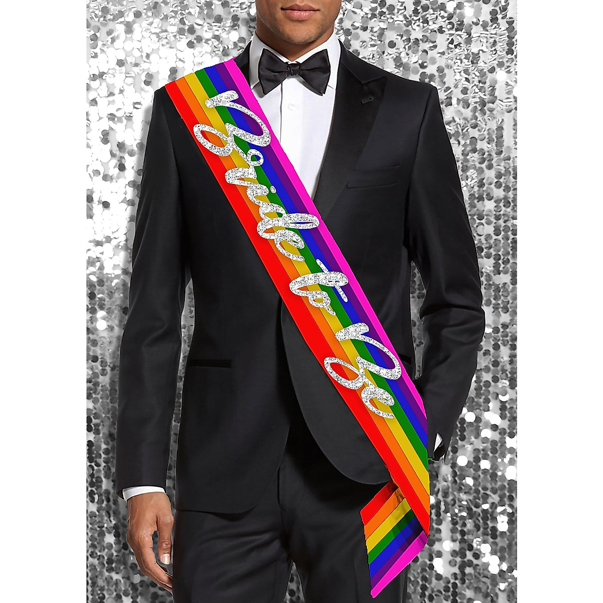 Gay Bachelorette Party Decorations - Set of 2: Silver Sparkle Glam Bride to Be Rainbow Satin Sashes - LGBTQ Couple Gifts - Set2(GlamB2B SLV) RBW