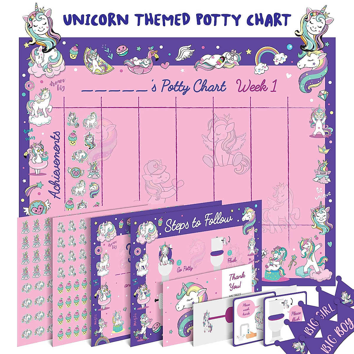 ATHENA FUTURES Potty Training Timer Watch with Flashing Lights and Music Tones -Unicorn Pattern and Potty Training Chart for Toddlers - Unicorn Design - Sticker Chart, 4 Week Reward Chart