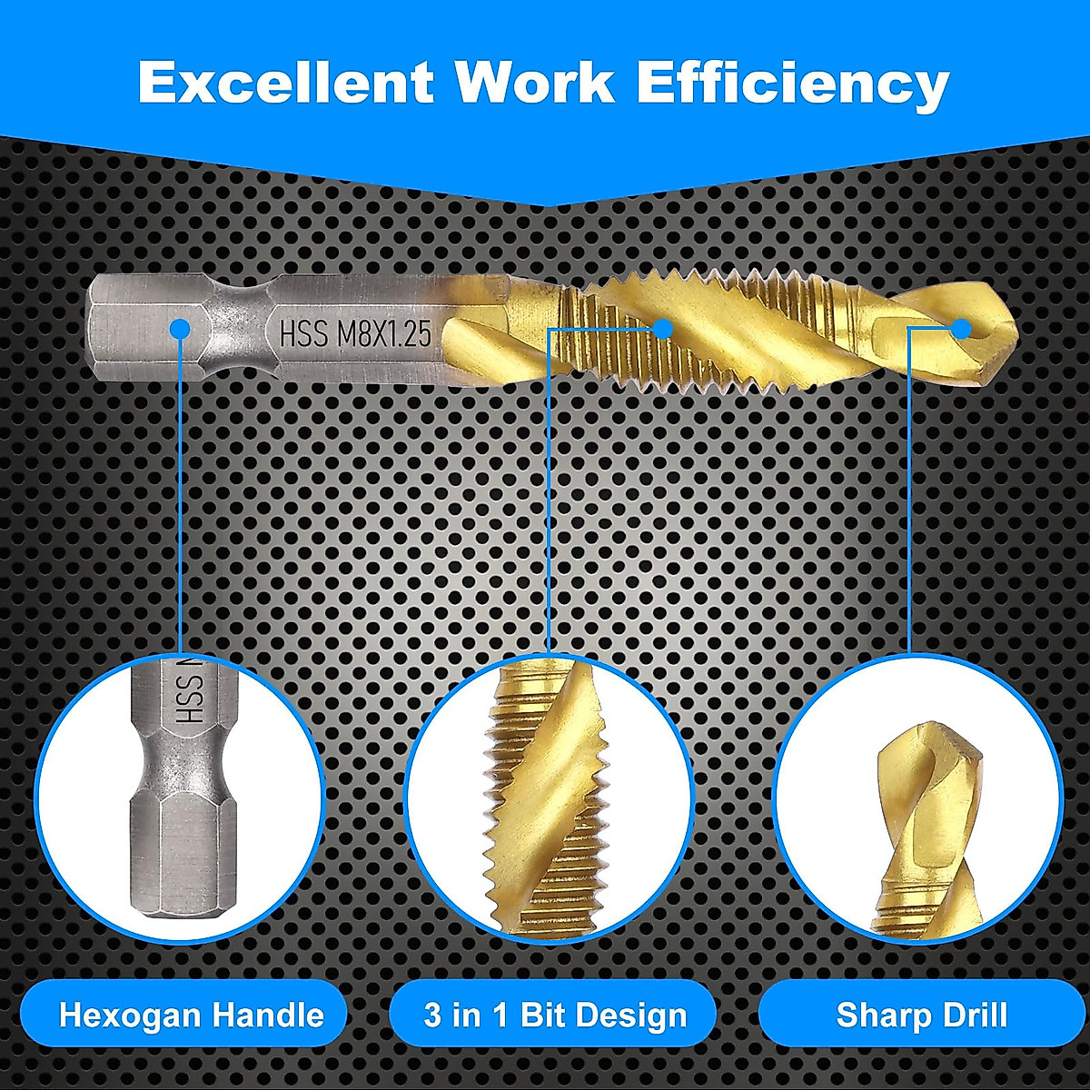 Drill Tap Set, Valkynos 6 Packs Titanium Plated Combination Taps Drill Bit Set, M3 M4 M5 M6 M8 M10 Hex Shank HSS Screw Thread Metric Compound Tap Drill Bits Metal Drilling