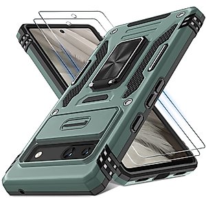 DEERLAMN for Pixel 7a Case,Google Pixel 7a Case with Slide Camera Cover+Screen Protector(2 Packs),Rotated Ring Kickstand Military Grade Shockproof Protective Cover-Green