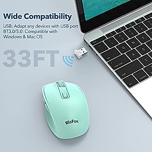 WisFox Bluetooth Mouse, Silent Wireless Mouse Come with 2 Modes (Bluetooth 3.0/5.0 + USB), Multi-Device Portable Cordless Mouse for Laptop, iPad, MacOS, PC, Windows, Android (Mint Green)