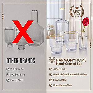 Harmony Home Bedside Water Carafe And Glass Set - 4 Piece Hand Crafted Fluted Borosilicate Glass w/Gold Rim & BONUS Bud Vase| Bedside Carafe |Carafe w/Cup| Carafe Bedside |Bedside Water Decanter