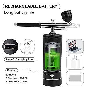 Airbrush Kit with Compressor, Auto Handheld Airbrush Gun with 0.3mm Tip, Rechargeable, Portable Air Brushes for Painting, Tattoo, Nail Art, Model Coloring, Makeup, Cake