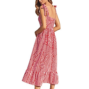Rooscier Women's Striped Printed Tie Shoulder Sleeveless Ruffle A Line Beach Long Dress Red Small