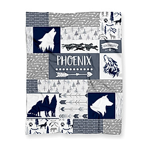 Puddle Kickers Wolf Pack Baby Blanket for Boys, Personalized Gray Woodland Wolves Theme (Lightweight Minky Fleece - 30" x 40" White Back)