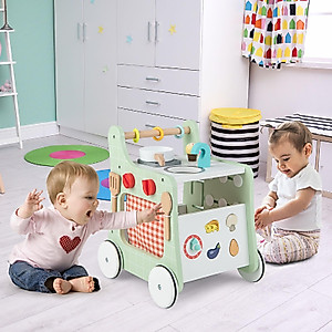 HONEY JOY Baby Push Walker, 6-in-1 Wooden Play Kitchen Walker Activity Center w/Shape Sorter, Develop Motor Skills & Creativity, Push Toys for Babies Learning to Walk, Gift for Boys and Girls