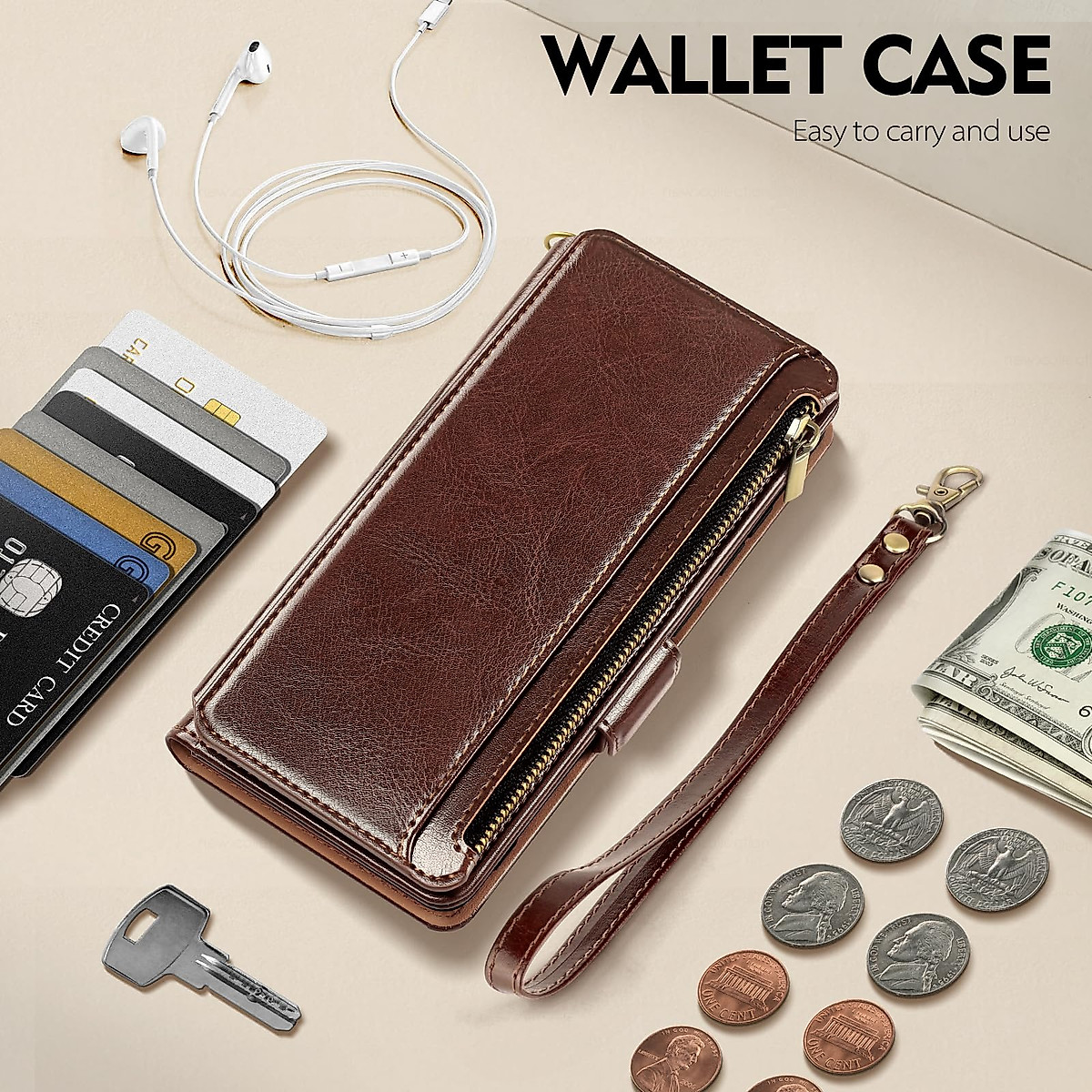 Antsturdy Compatible with Samsung Galaxy A13 5G Case Wallet with Card Holder Women Men Phone Case RFID Blocking PU Leather Flip Folio Shockproof Cover Wrist Strap Zipper Credit Card Slots,Brown