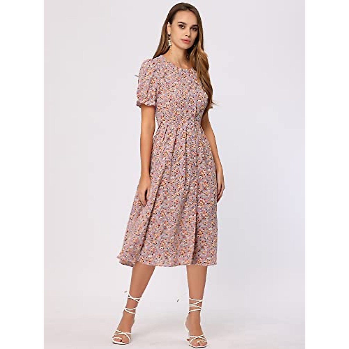 Allegra K Women's 2023 Floral Midi Dress Round Neck Ruffle Sleeve Button Down Shirtdress Large Purple