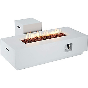 ECOTOUGE 2-Piece 56" Outdoor Rectangle Propane Fire Pit Table with Tank Holder, 50,000 BTU Concrete Fire Table with Weather-Resistant Pit Cover, Auto-Ignition, Free Lava Rocks, Fits 20lb Tank, White