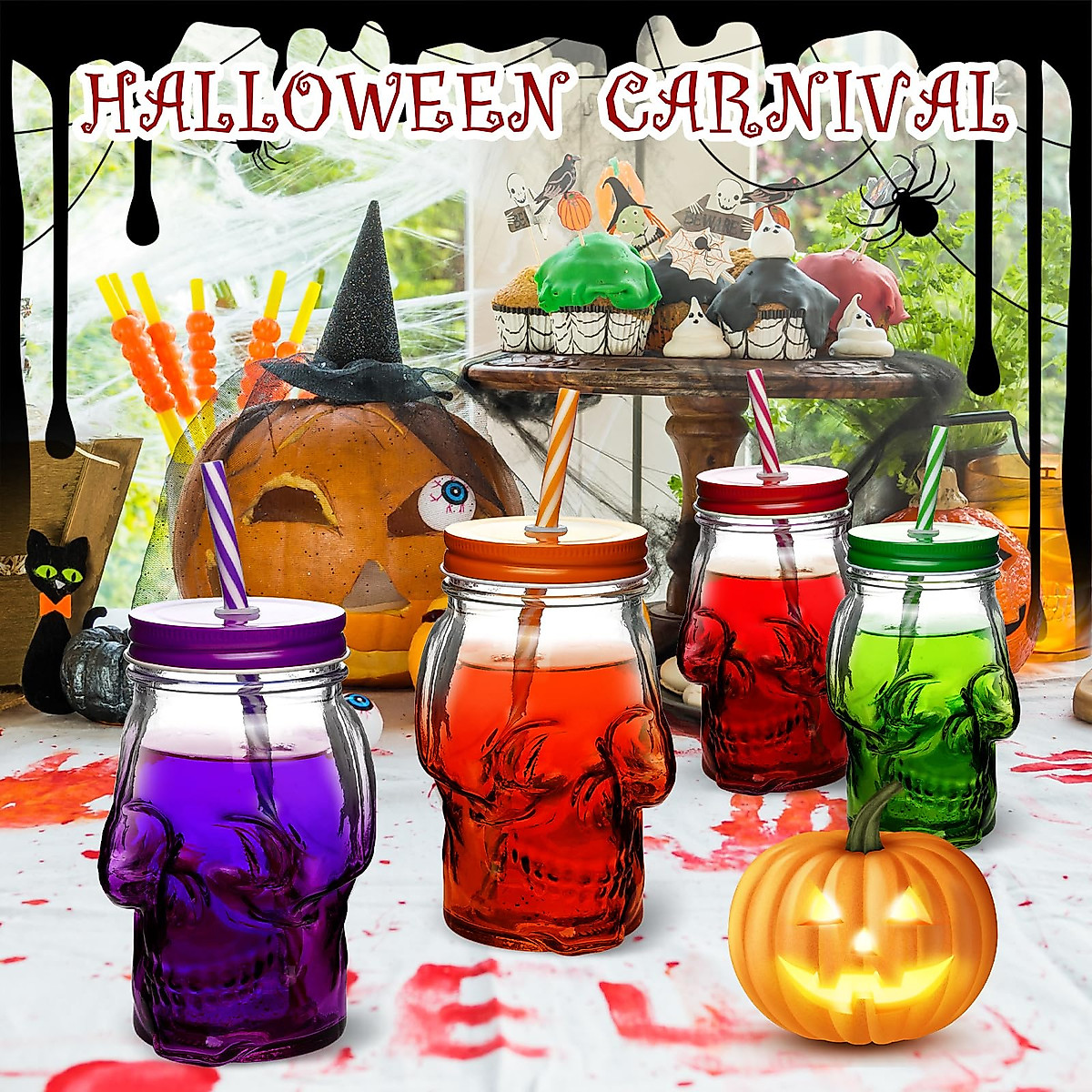4 Pcs Halloween Skull Mason Jars with Lids 16 Oz Halloween Drinking Glasses with Skull, Skull Mason Jars with Straw, Mason Jar Cup for Halloween Party (Set of 4, Orange, Purple, Red and Green)