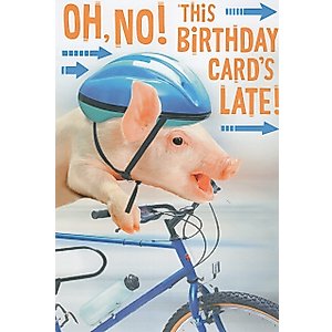 Heartline Funny Pig on Bike Bicycle Belated Birthday Card - Oh, No! This Birthday Card's Late! Sowwy! Hope You Celebrated Pig Time!