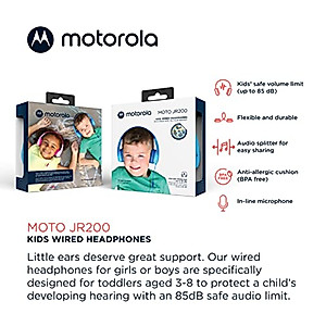 Motorola Moto JR200 Kids Headphones with Microphone - Lightweight Over Ear Wired Foldable Design, Safe Volume Limit 85dB, Audio Splitter for Sharing - Ideal for School, Home, Travel, Gaming - Blue