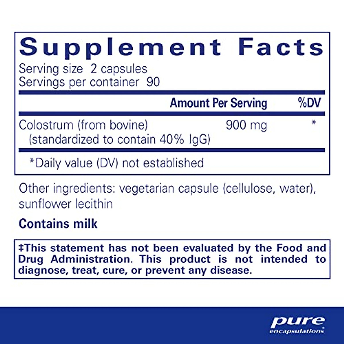 Pure Encapsulations Colostrum | 40% IgG Highly Concentrated Immune Support | 180 Capsules