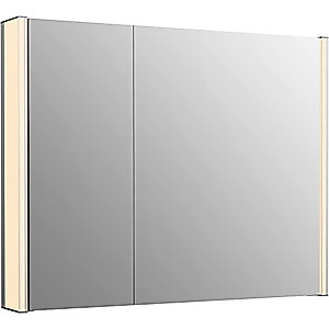 KOHLER K-81146-SLE-DA1 Maxstow Medicine Cabinet with LED Light, Mirror Doors & Staggered Shelves, Rectangular Frame, 32" x 24"