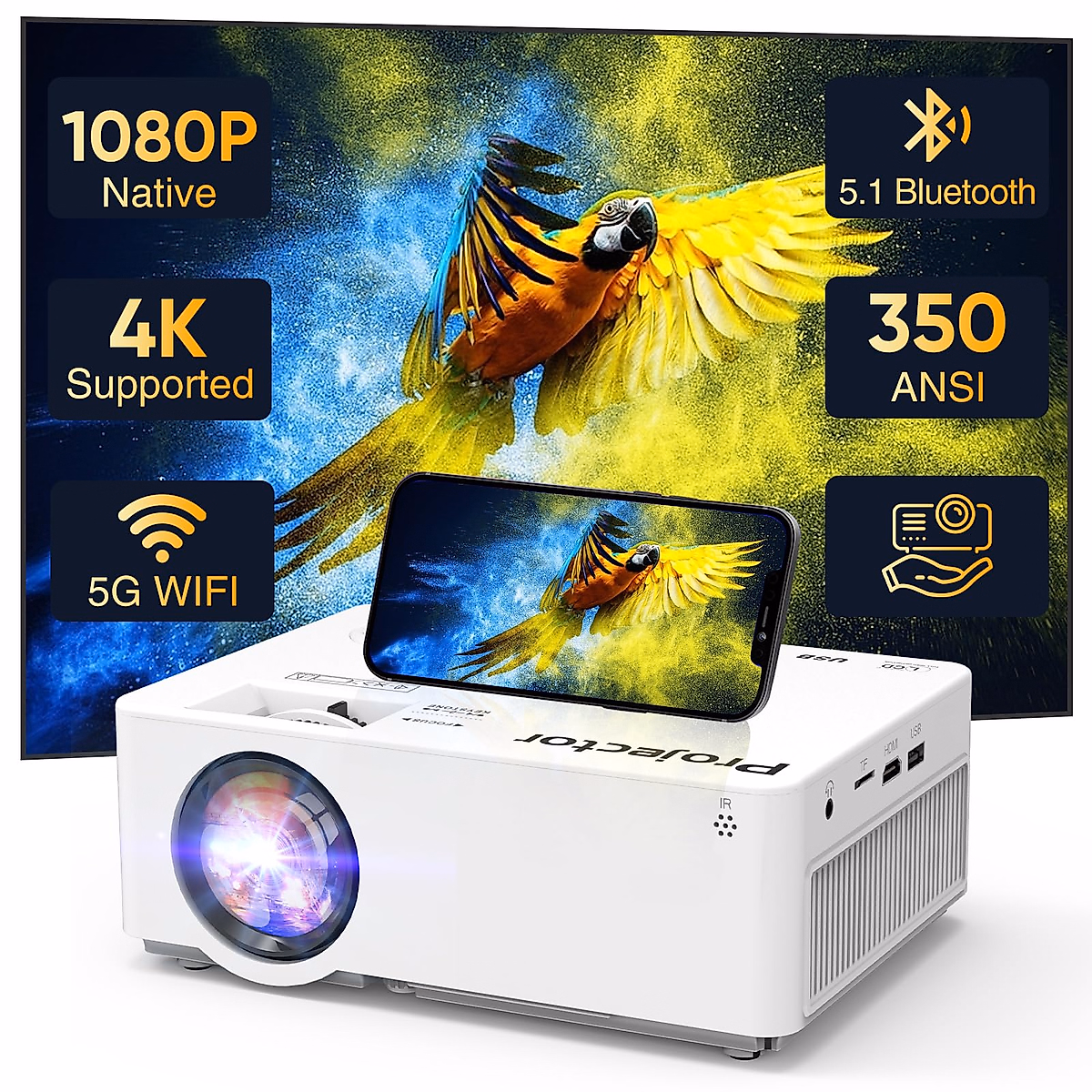 Native 1080P 5G WiFi Bluetooth Projector (with Tripod), 350 ANSI 4K Supported Home Projector, Portable Outdoor Projector with Max 300" Display, Movie Projector Compatible with TV Stick, HDMI, Phone