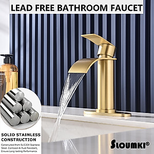 SLOUMKI Brushed Gold Waterfall Bathroom Faucet Single Hole, Gold Bathroom Faucet for Sink 1 Hole with 6 in Deck Plate and Pop Up Drain and Supply Hose, Modern Bathroom Sink Faucet
