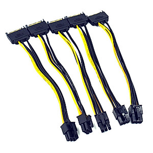CHIBI 8-Inch SATA 15-Pin to 6-Pin PCI Express Card Power Adapter Cable (5 Pack)