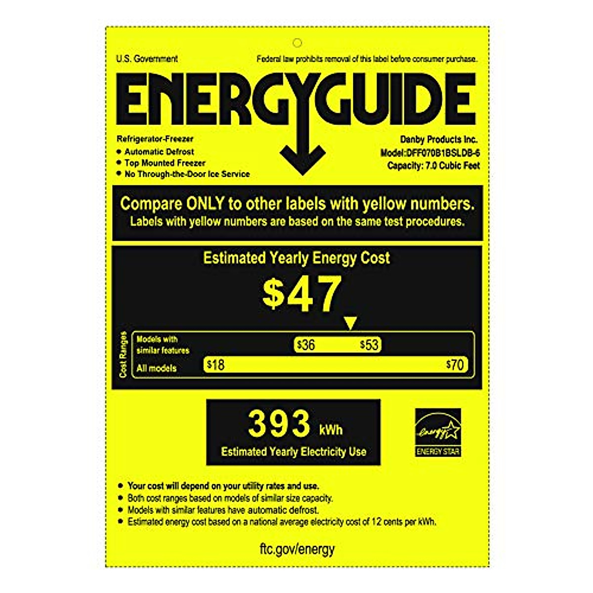 Danby DFF070B1BSLDB-6 7.0 Cu.Ft. Mid-Size Refrigerator, Frost-Free Apartment Fridge with Top Freezer, E-Star Rated, 7, Black Stainless Look