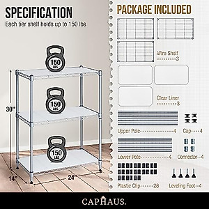 CAPHAUS NSF Adjustable Shelves Metal Wire Shelving Unit w/Liners, Kitchen Storage Shelving, Metal Steel Storage Shelving, Garage Shelving Storage Organizer, Utility Shelf, 3-Tier No Wheels, Silver