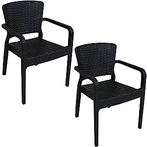 Sunnydaze Segonia All-Weather Plastic Outdoor Dining Chair - Faux Wicker Rattan Design - Commercial Grade - Black - 2 Chairs