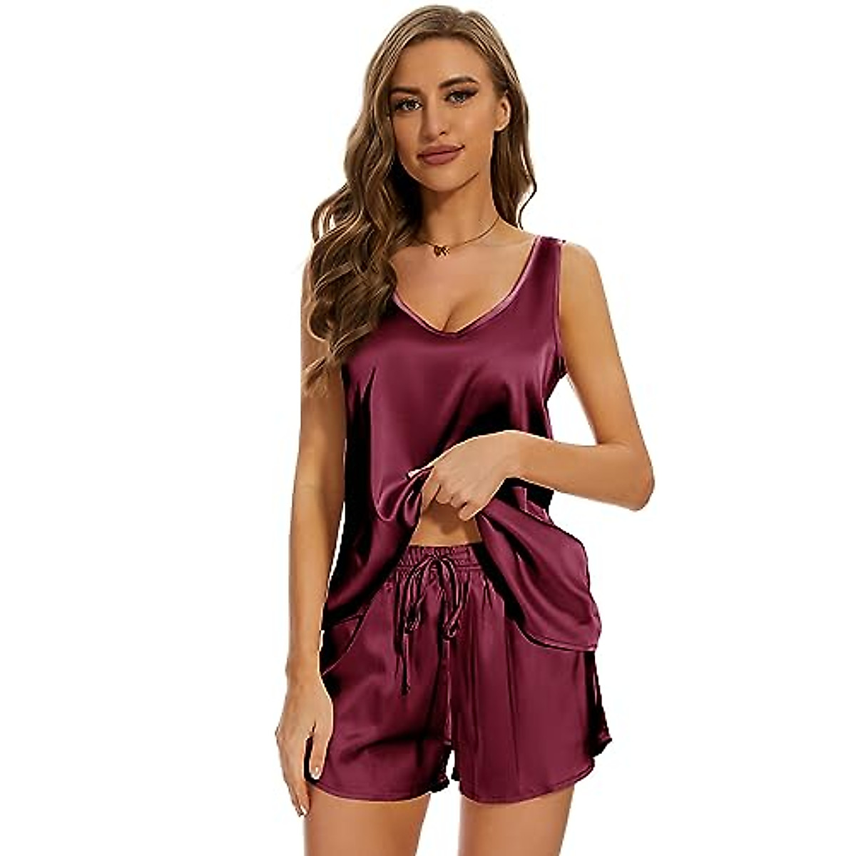 MOYEE Women Silk Pajama Set Soft Satin V Neck Tank Top and Shorts 2 Piece lounge Sets with Pockets(Wine Red, Large)