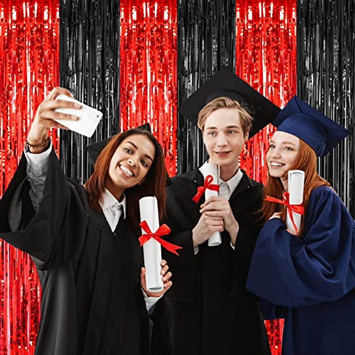 PIGETALE, 2 Pack 3.2x8.2 Feet Black and Red Foil Fringe Curtains Party Decorations, Tinsel Curtain Backdrop Streamers for Birthday Graduation Fiesta Stranger Theme Halloween Christmas Party Supplies