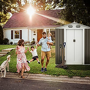 FOOWIN Metal Storage Shed, Storage with Sliding Doors and Vents,Metal Garden Shed Steel Anti-Corrosion Storage House Metal Sheds for Backyard Garden Patio Lawn (Grey & White 6 'x 4'), (lympj-22)