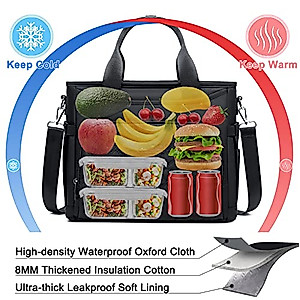 AIJIEKE Lunch Bag for Women, Insulated Lunch Box Tote Bag for Work, Extra Large Wide Open Leak Proof Cooler Bag with Shoulder Strap & Side Pockets for Picnic Hiking Beach, Black