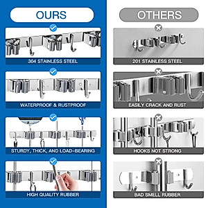 EYEDESL 2 Pack Mop Broom Holder Wall Mount, Stainless Steel Self Adhesive Heavy Duty Broom Organizer Storage Tool for Home Kitchen Laundry Garden Garage (3 Racks with 4 Hooks)