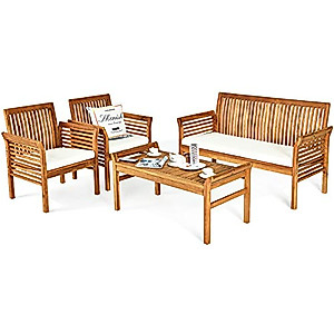 Tangkula 4 Piece Outdoor Acacia Wood Sofa Set with Water Resistant Cushions, Padded Patio Conversation Table Chair Set w/Coffee Table for Garden, Backyard, Poolside (1)