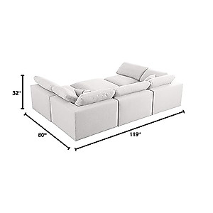 Meridian Furniture Serene Collection Modern | Contemporary Deluxe Comfort Modular Sectional, Soft Linen Textured Fabric, Down Cushions, 2 Corner + 3 Armless + 1 Ottoman, Cream