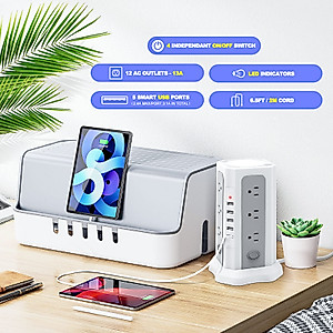 Power Strip Tower Surge Protector with 5 USB Ports, 12 Multiple Outlets, 6.5 FT Flat Plug Extension Cord, 13A 1050J Overload Protection, Desktop Charging Station for Home Office Dorm Room