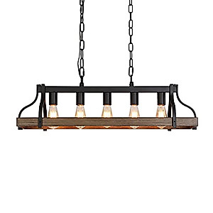 MEIXISUE Rustic Kitchen Island Dining Room Light Fixture Farmhouse Linear Chandelier Black and Retro Wood Finish 5-Light Industrial Metal Hanging Pendant Light UL Listed L33.5 W10.6