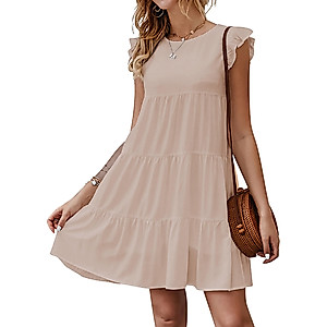 KIRUNDO Women's Summer Dresses 2024 Sleeveless Ruffle Sleeve Round Neck Solid Loose Short Flowy Pleated Mini Babydoll Dress, Apricot, Medium