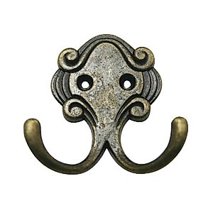 Wuuycoky Metal Elephant Nose Antique Brass Hardware Double Prong Robe Hook Clothes Hanger with Screws Pack of 4