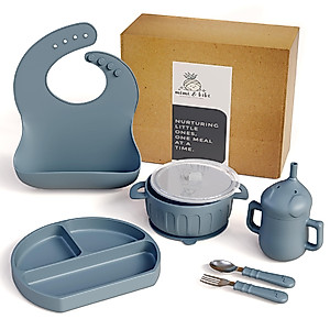 mimi & kiki BPA-Free Silicone Baby Feeding Set, Baby Plates and Bowls Set, Baby Led Weaning Supplies, Silicone Suction Plate, Baby Utensils, Bib and Cup, Self Feeding, Dishwasher Safe (Blue)