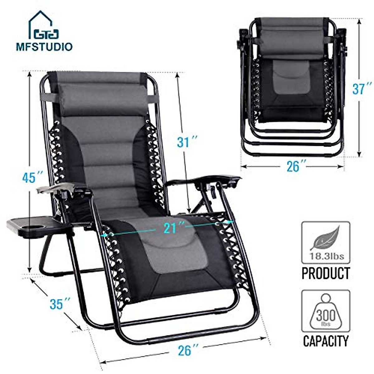 MFSTUDIO Zero Gravity Chairs, Patio Recliner Chair, Padded Folding Lawn Chair with Cup Holder Tray,Grey