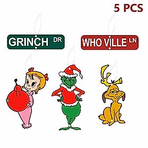 Grinch Drive & Who Ville Lane Paper Sign Grinch Tree Ornaments Christmas Grinch Ornaments for Tree Grinch Whoville Party Direction Christmas Grinch Home Birthday Party Decorations