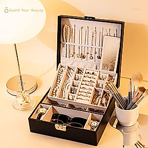 Jewelry Boxes for Women with Code Lock, Black Jewelry Storage Box, Leather Travel Jewelry Box with Mirror, Double Layer Large Jewelry Organizer Box for Watch Rings Necklace Bracelet Earring